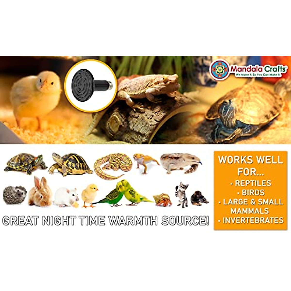 Mandala Crafts Heat Lamp for Reptiles - Ceramic Heat Emitter Infrared Light Bulb with No Light for Chicken Coop Turtle Bearded Dragon Dog Pet Brooder 100W Pack of 2 Black