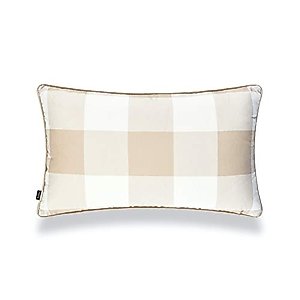 Hofdeco Coastal Patio Indoor Outdoor Lumbar Pillow Cover ONLY for Backyard, Couch, Sofa, Tan Buffalo Check, 12"x20"