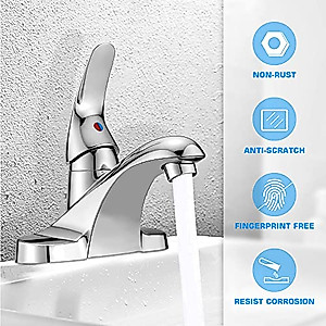 PHICHI Single Handle 4 inch Centerset Chrome Bathroom Faucet, Low Arc Basin Mixer Tap Vanity Faucets for Sink 3 Hole, with Hot & Cold Water Supply Lines
