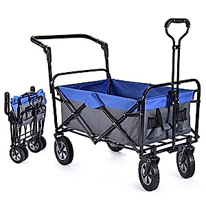 Beglero Heavy Duty Foldable Wagon Cart: Collapsible Wagon, All Terrain Wheels, 100L, 220 lbs Capacity, Push Pull Outdoor Garden Cart Foldable Wagon for Grocery, Camping, Shopping, Sports (Blue-Black)