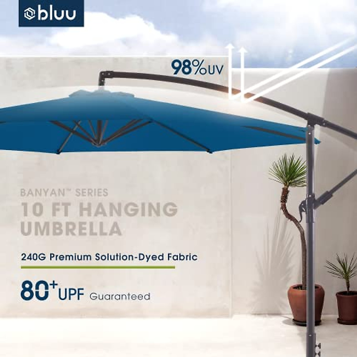 BLUU BANYAN 10 FT Patio Offset Umbrella Outdoor Cantilever Umbrella Hanging Umbrellas, 24 Month Fade Resistance & Water-repellent UV Protection Solution-dyed Fabric Canopy with Infinite Tilt, Crank & Cross Base (Royal Blue)