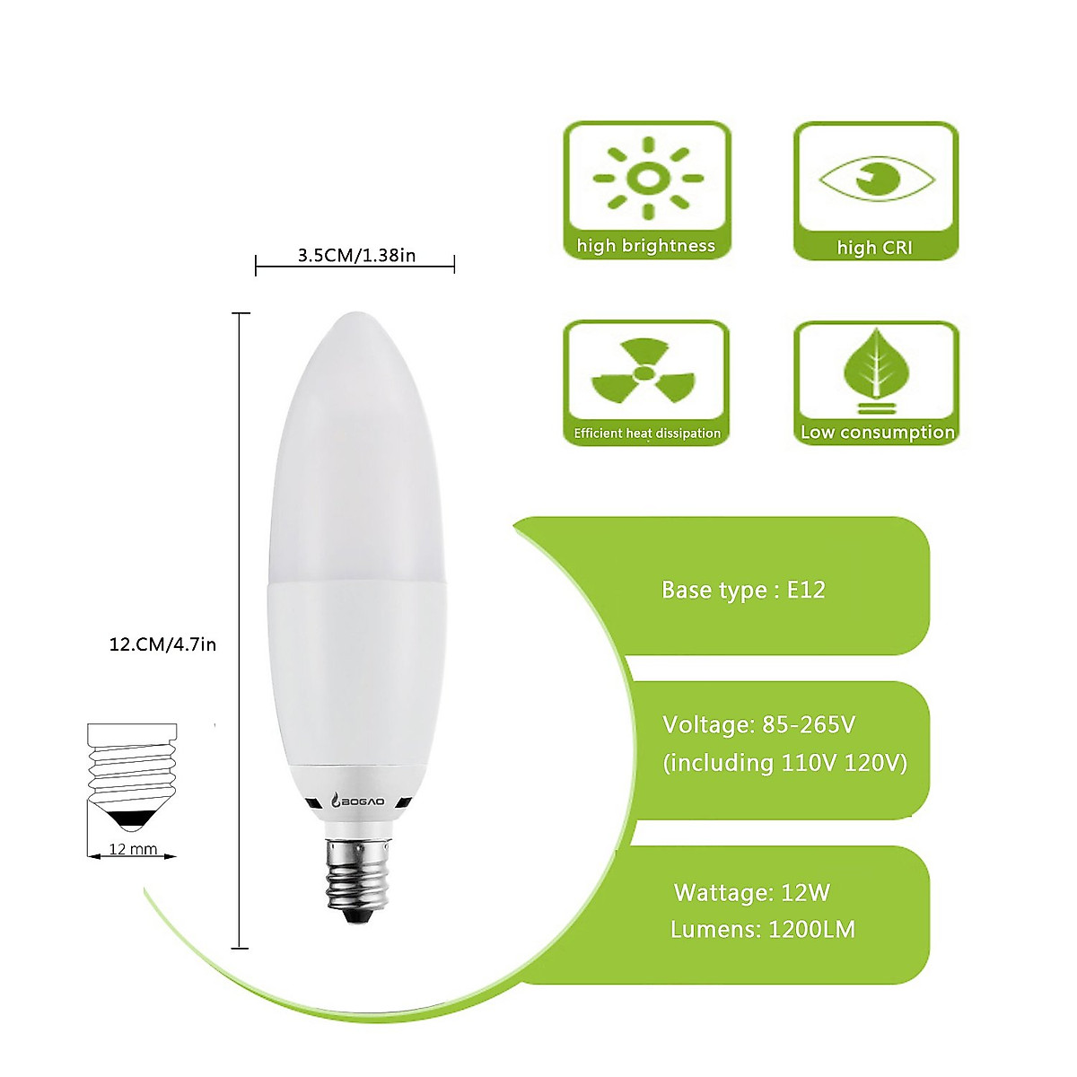 BOGAO LED Candelabra Bulb,12W White 6000K LED Candle Bulbs, 85-100 Watt Light Bulbs Equivalent, E12 Candelabra Base,1200Lumens LED Lights,Torpedo Shape (4 Pack 6000K RB)