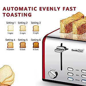 Geek Chef 4 Slice toaster, Best Rated Prime Retro Bagel Toaster with 6 Bread Shade Settings, 4 Extra Wide Slots, Defrost/Bagel/Cancel Function, Removable Crumb Tray, Stainless Steel Toaster, 1500W (Red-Classic)