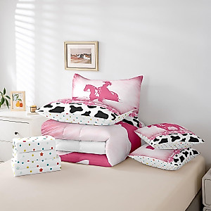 Erosebridal Cowgirl Western Bed in a Bag Queen Comforter Set 7 Piece,Pink Cowhide Bedding Sets Black and White Cow Print Sheet Set with Comforter Cowboys Gifts for Women,Horse Gifts for Girls
