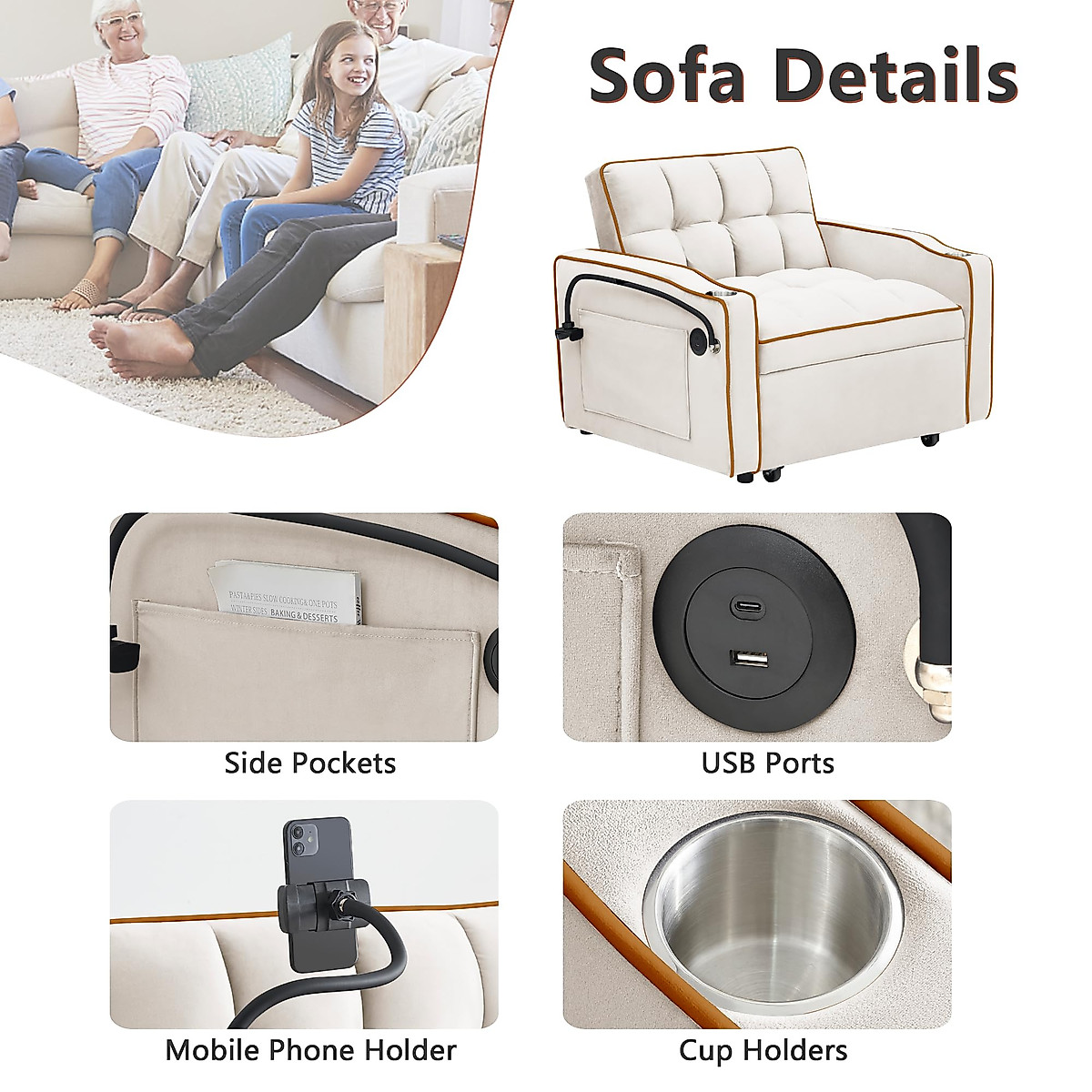 HUMEHA Convertible Chair Bed, Modern Velvet Sofa Chair Sleeper Bed with USB Ports & Cup Holders, Adjustable Backrest Single Lounge Armchair with Phone Holder for Living Room Bedroom, Creamy White