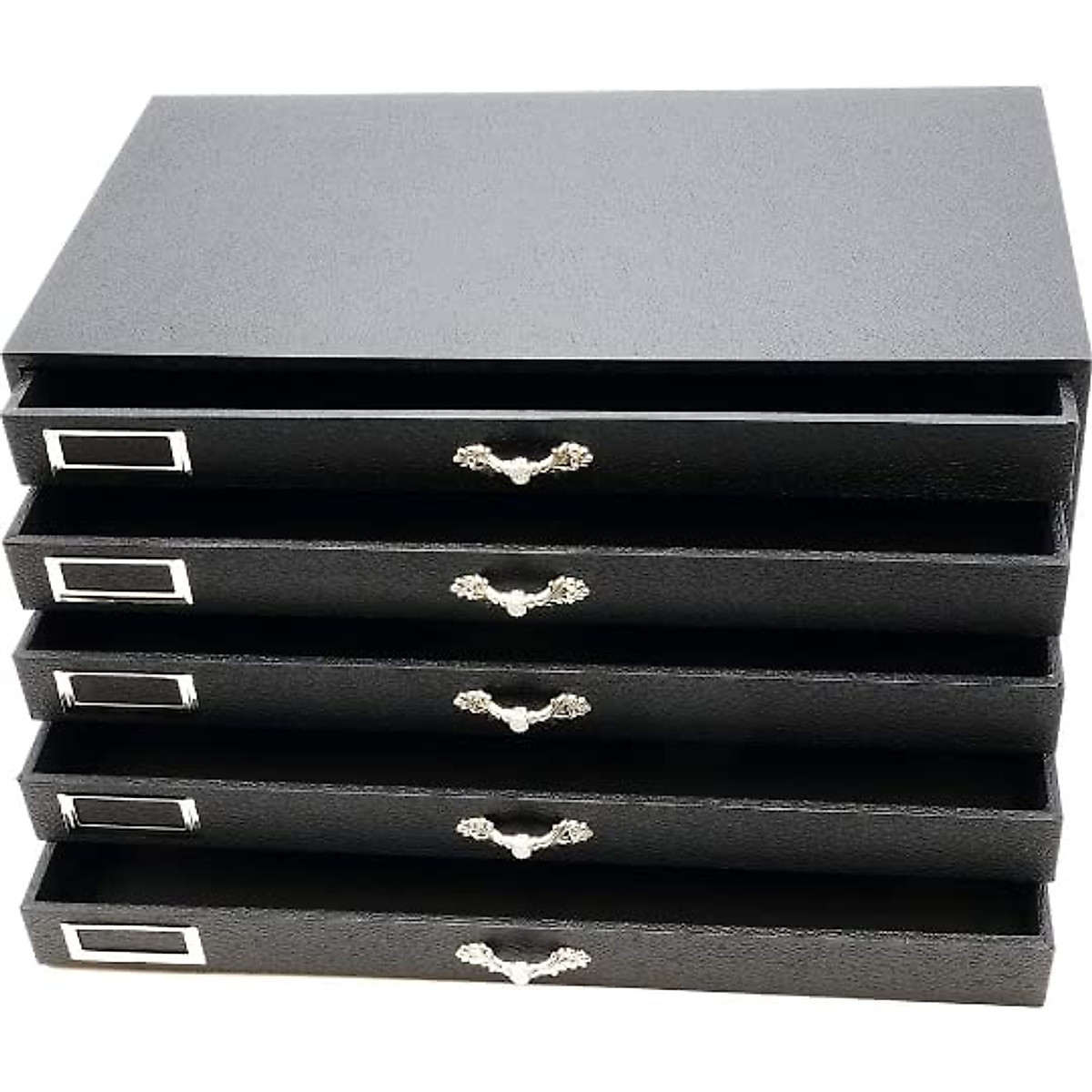 Novel Box 5-Drawer Jewelry Tray Organizer With Black Leatherette Finish & 36-Count Gemstone/Coin Tray Foam Liners (Black, 180 Jars)