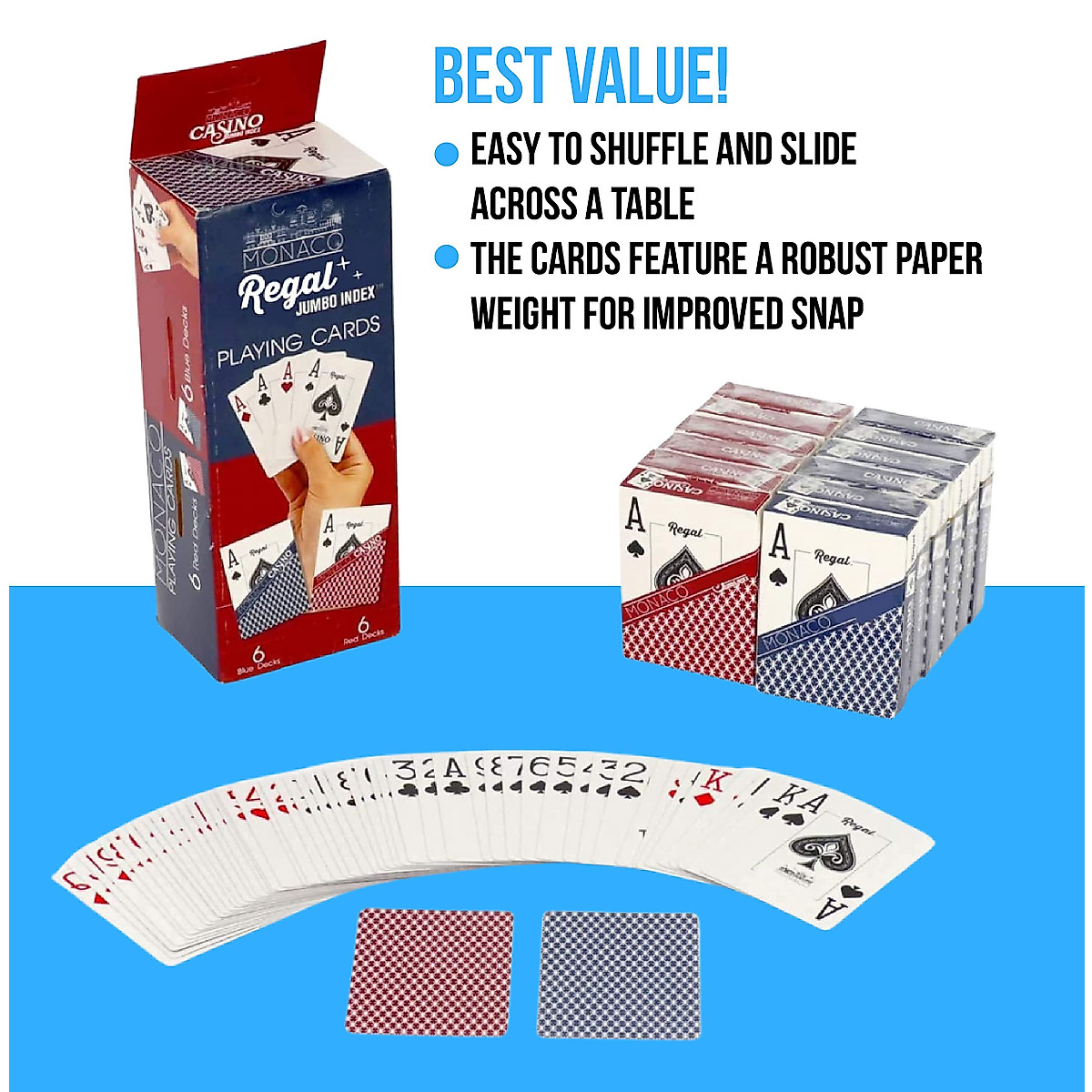 Regal Games Jumbo Playing Cards Set for Adults & Professionals - 6 Red & 6 Blue Large Print Deck of Cards - Blackjack, Euchre, Canasta, Poker Cards - Fun & Travel Playing Cards (12 Pack)
