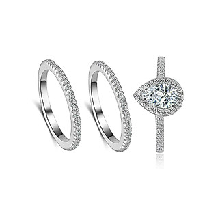 3pcs Halo Wedding Ring Set Pear Cut Teardrop Engagement Ring 2 Eternity Infinity Bands Stackable Size 4-10 (Silver, 9)