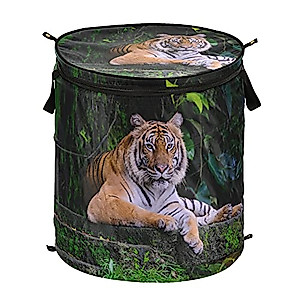 Tiger Animal Green Pop Up Laundry Hamper with Lid Foldable Storage Basket Collapsible Laundry Bag for Travel Hotel kids Room