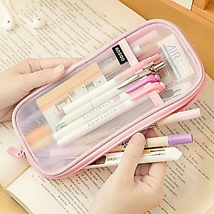 EASTHILL Grid Mesh Pen Pencil Case with Zipper Clear Makeup Color Pouch Cosmetics Bag Multi-Purpose Travel School Teen Girls and Boys Transparent Stationary Bag Office Organizer Box for Adluts(Pink)