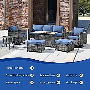 ovios Patio Furniture Set 7 PCS Outdoor Wicker Rattan Sofa Set with 360 Degree Swivel Rocking Chairs 42 Inch Rectangle Gas Fire Pit Table Garden Backyard Porch (Denim Blue-Grey)