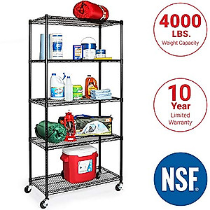 Seville Classics UltraDurable Heavy Duty NSF Solid Steel Wire Rack Storage Unit, Organizer for Garage, Warehouse, Office, Restaurant, Classroom, Kitchen, Black, 5-Tier Shelving, 36" W x 18" D
