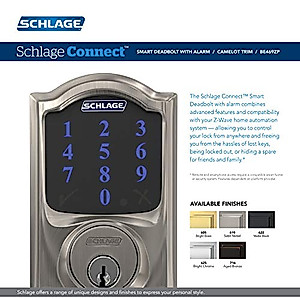 SCHLAGE BE469ZP CAM 619 Connect Smart Deadbolt with alarm with Camelot Trim in Satin Nickel, Z-Wave Plus enabled