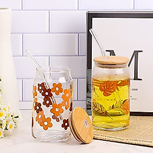 Yoiemivy 6 Pack Glass Cups with Lids and Straws, Iced Coffee Tumbler with Straw Boho Pattern Drinking Glasses16 Oz Beer Can-Shaped Glass for Iced Coffee Cola Soda Tea Juice Water