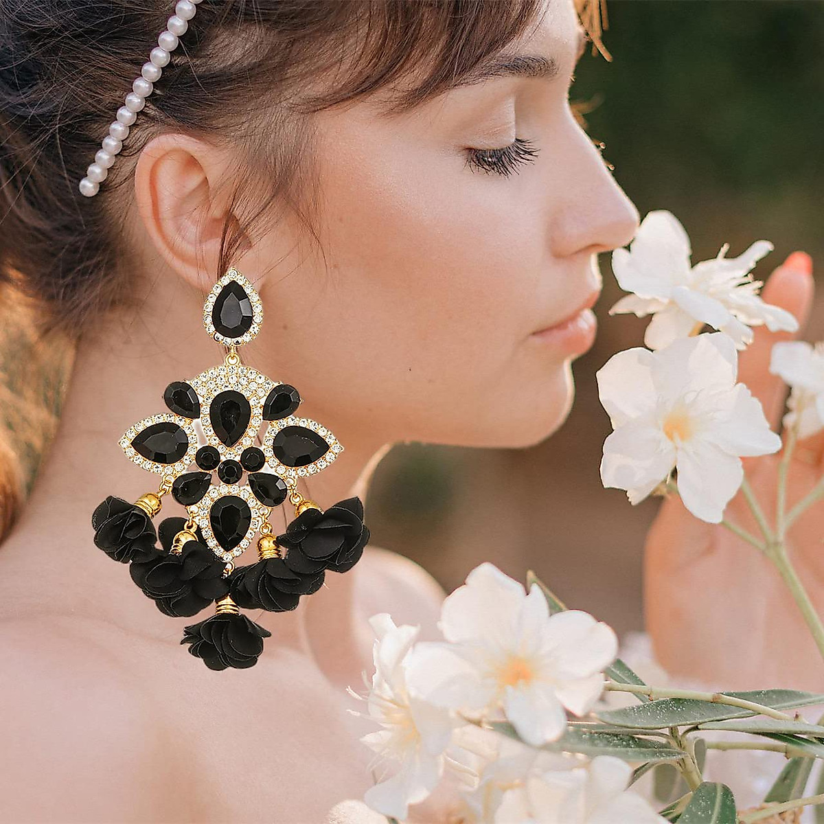 BOBOWINGS Black Earrings for Women, Big Crystal Rhinestones Flower Tassel Dangle Balck and Gold Statement Handmade Earrings Trendy