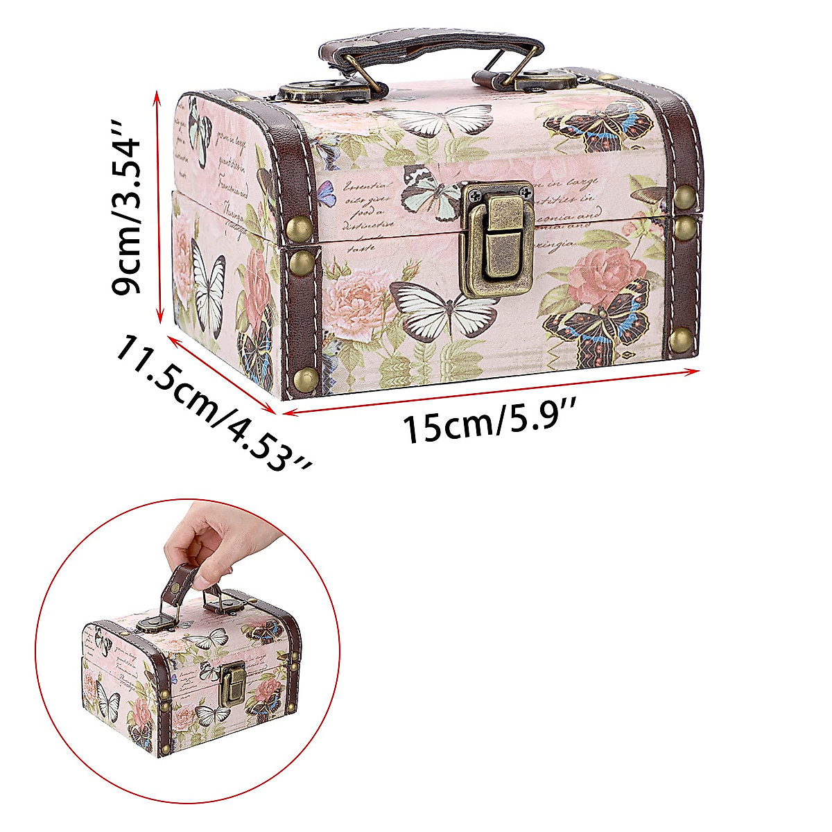 ELLDOO Decorative Treasure Chest Box, Wooden + PU Leather Storage Box for Jewelry Trinkets, Keepsakes box for Girls Women Gifts (Butterfly Pattern, Small)