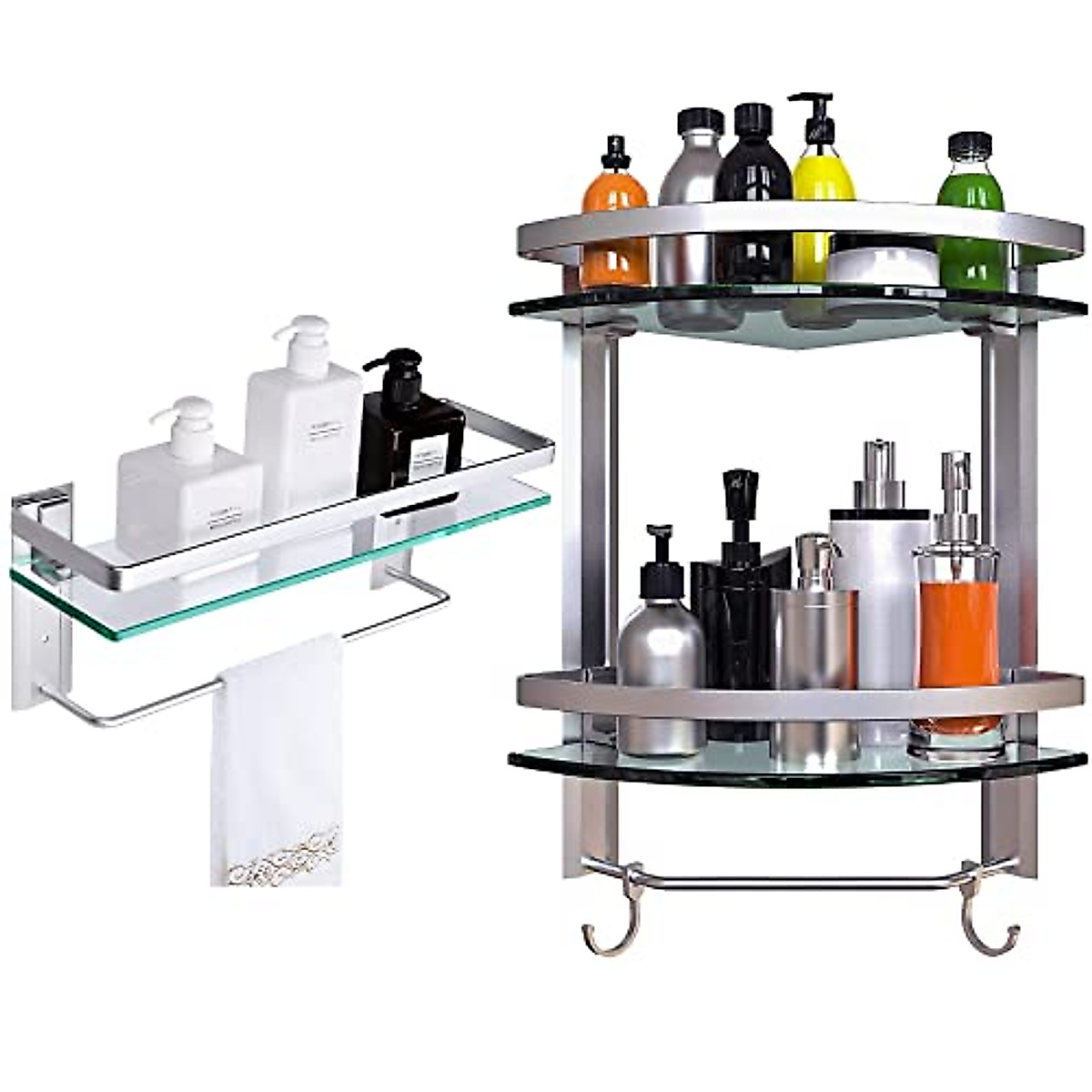 Vdomus Bathroom Tempered Glass Corner Shelf with Towel Bar Wall Mounted, Brushed Silver Finish