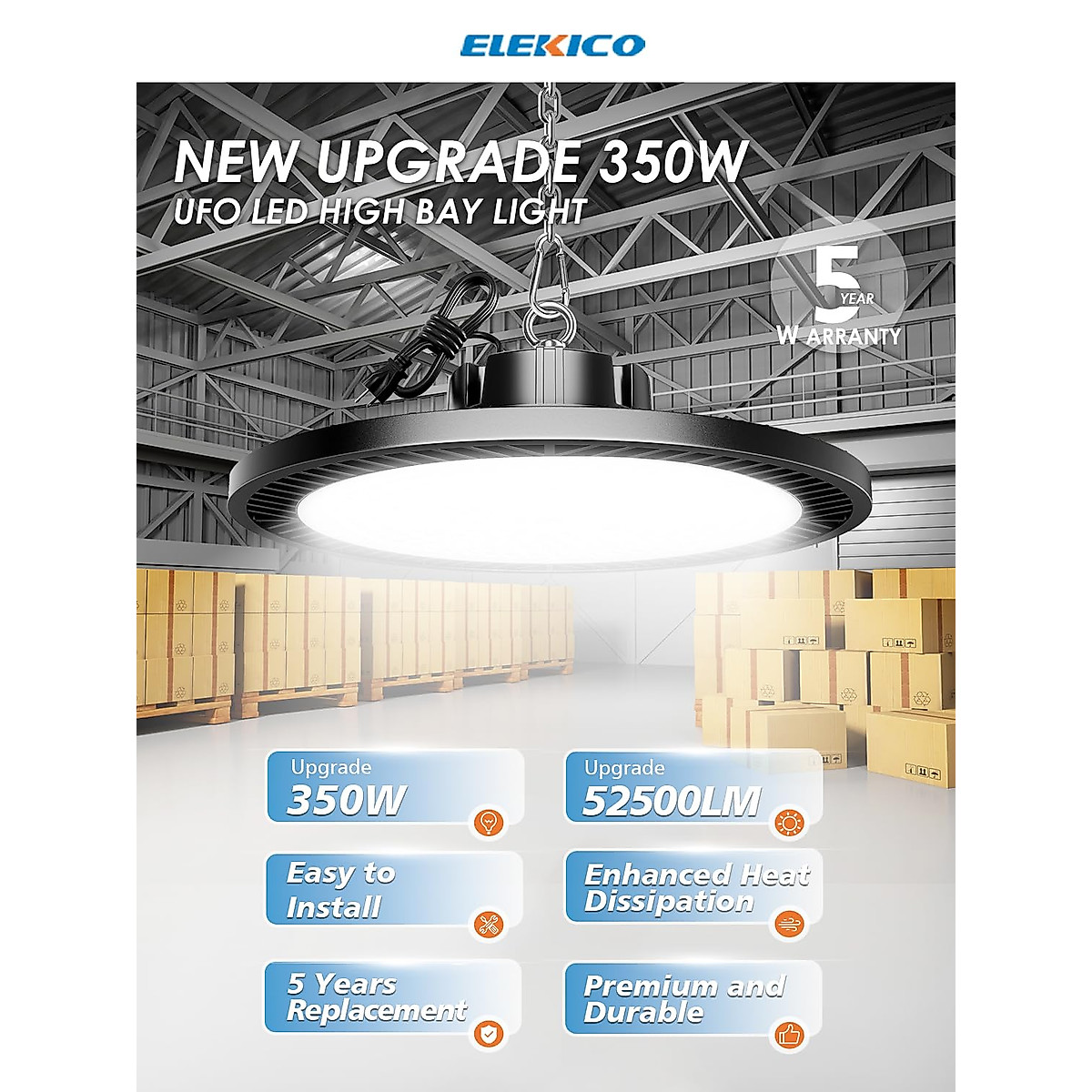 ELEKICO UFO Led High Bay Light, Upgrade Super Bright 350w 52500lm 5000k High Bay Led Shop Lights with Us Plug 5' Cable, Led Shop Lights for Garage Workshop Factory Barn Gym Warehouse 4 Pack