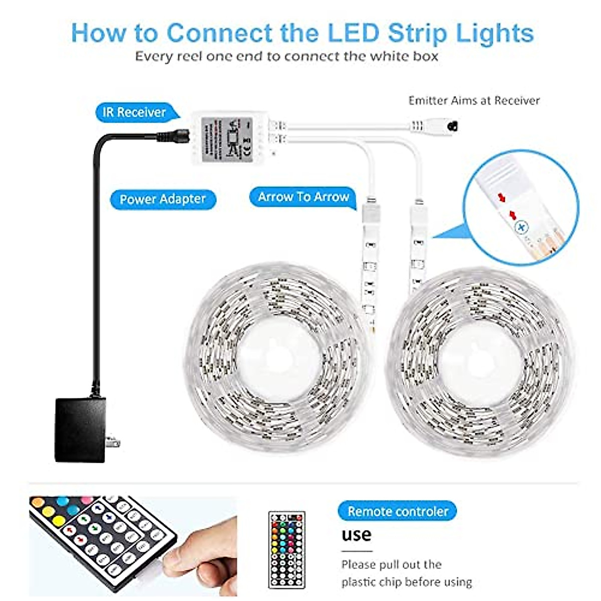 DAYBETTER Led Strip Lights Waterproof, 32.8ft(2 Rolls of 16.4ft) LED Tape Lights Color Changing 300 LEDs Light Strips Kit with 44 Keys Ir Remote Controller and 12v Power Supply for Indoor Outdoor Use