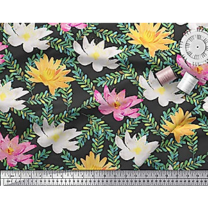 Soimoi Black Cotton Canvas Fabric Leaves & Water Lily Floral Print Print Fabric by The Yard 44 Inch Wide
