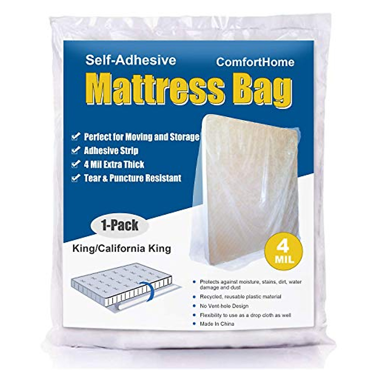 ComfortHome 4 Mil Extra Thick Sealable Mattress Bag with Adhesive Strip for Moving and Storage, Heavy Duty, Fits King and Cal King, 1-Pack