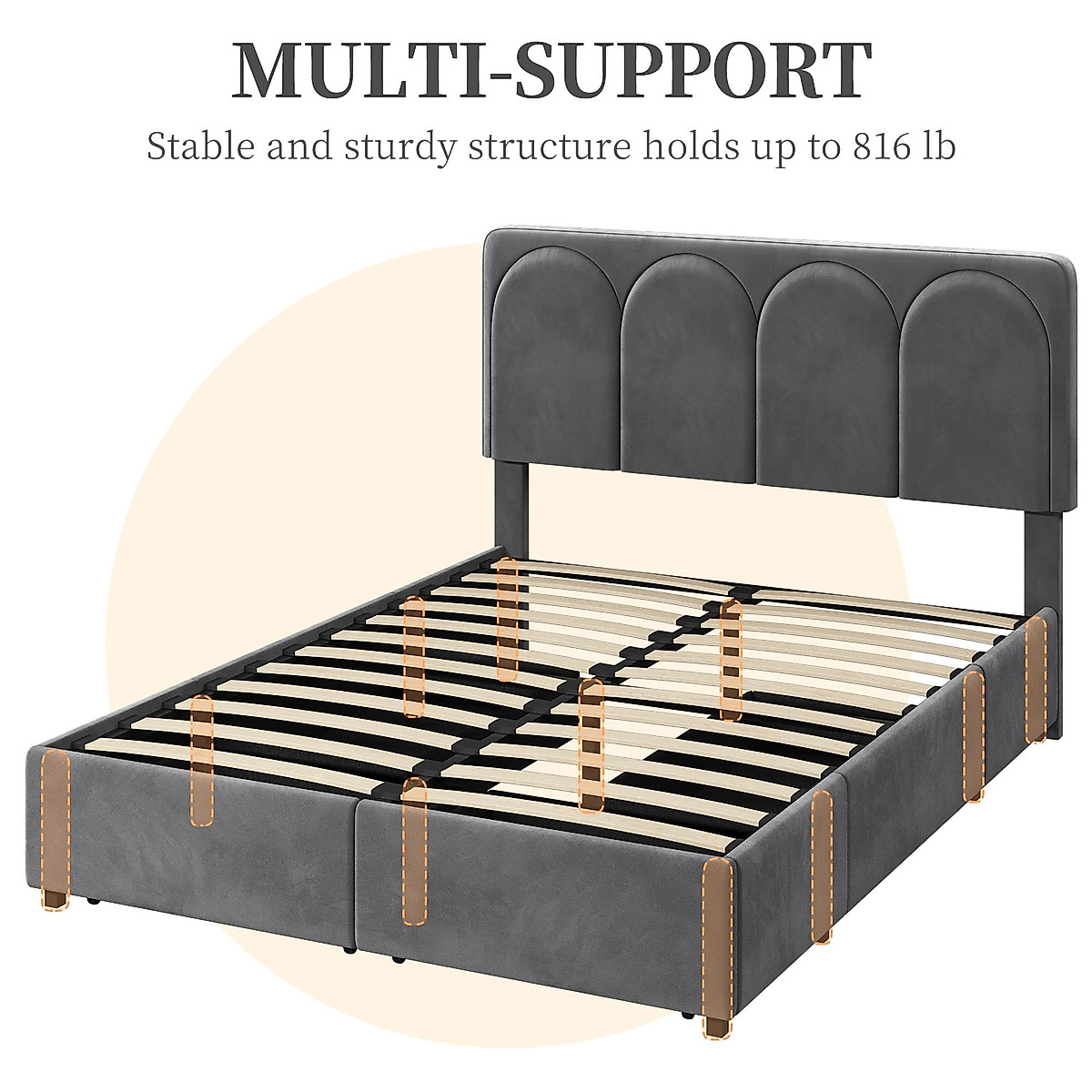 Yaheetech Queen Bed Frame Upholstered Platform Bed with 4 Drawers Storage and Adjustable Headboard,Arch Channel Tufted Headboard,Sturdy Wood Slat Support,No Box Spring Needed,Dark Gray Queen Bed