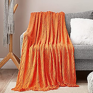 Dream Sunset Knit Throw Blanket 50 x 60 Inch, for Couch, Sofa, Bed and Decoration. Super Soft, Comfy and Lightweight for New Spring. Original Pattern with Tassel Fringes. Sunrise Orange