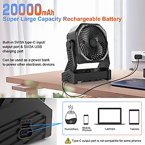 Gewanolla Camping Fan with LED Light, 20000mAh Rechargeable Battery Operated Camp Fan with Hook, 270° Pivot, 4 Speeds, USB Table Fan for Camping, Fishing, Power Outage, Barbecue, Jobsite