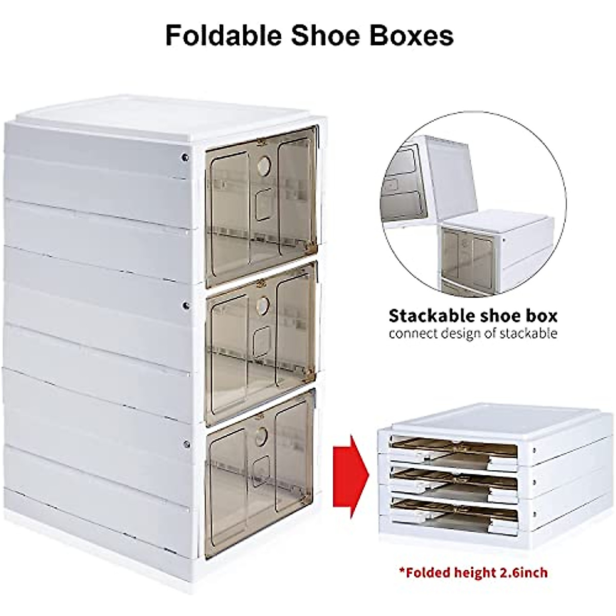 Shoe Storage Boxes Clear Plastic Folding Shoe Box Storage Containers, 3 Layers Shoe Box Organizer for Women Men Plastic Dustproof for Sneaker, Heel, Sandal, White