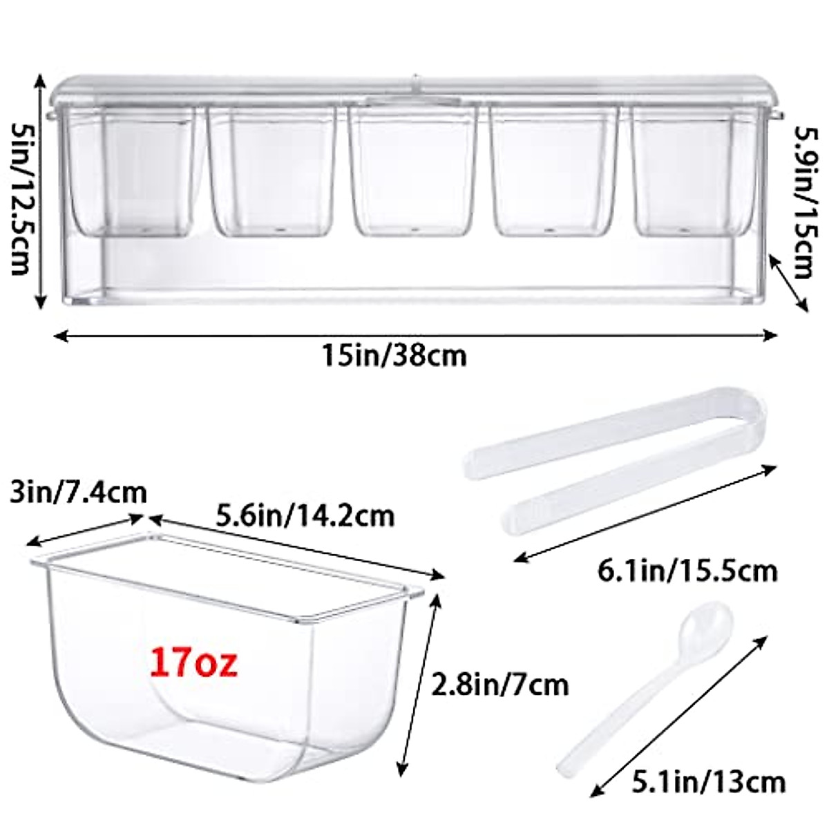 MOLIGOU Condiment Server on Ice, Chilled Caddy with 5 Removable Compartments, Chilled Serving Tray Container with Hinged Lid, 3 Serving Spoons and 3 Tongs Included