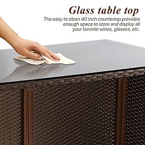 3-Piece Patio Bar Set Outdoor Wicker Bar Set All-Weather Rattan Bar Table Set Outdoor Furniture Set w/2 Stools, Glass Top Table and 2 Thick Cushion for Patios Backyards Porches Gardens Poolside, Khaki