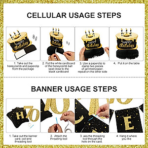 70th Birthday Party Decorations for Men Cheers Birthday Banner Black Gold Balloons Hanging Swirls Honeycomb Centerpieces and Disposable Tablecloth for Men Women 70th Birthday Decorations