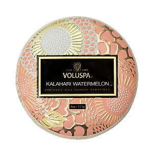 Voluspa Kalahari Watermelon Candle | Mini Tin | 4 Oz. | 25 Hour Burn Time | All Natural Wicks and Coconut Wax for Clean Burning | Vegan | Hand-Poured in The USA | Non-Toxic Candles