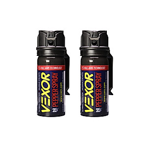 Vexor Police-Strength Pepper Spray 2-Pack with Belt Clip, 20ft Range, 360° Spray, Flip Safety - For Self Defense