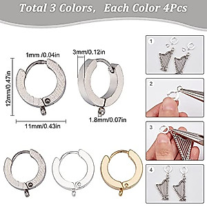 SUNNYCLUE 1 Box 12Pcs 3 Color Huggie Hoop Earrings Silver Leverback Earrings Findings Stainless Steel Earring Hoops French Earwire with Open Loop Leverbacks for Jewellery Making Women DIY Crafts