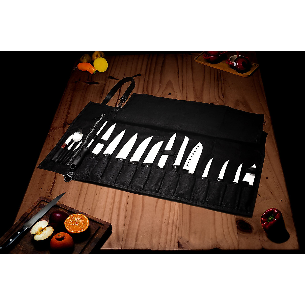 EVERPRIDE Chef Knife Roll Bag Holds 12 Knives and Cooking Tools – Durable, Large Knife Case Made of Canvas and Genuine Leather – Elegant Chef Bag for Professional Cooks – Knives Not Included