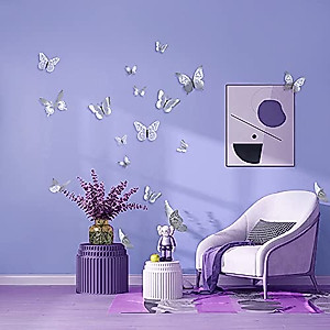 AMMON 3D Butterfly Wall Decor 48 Pcs Silvery 3 Sizes Decal Decorations for Birthday Party Cake Mural Sticker Removable Room Wall Art Stickers for Kids Nursery Classroom Bedroom Living Room Party Wedding