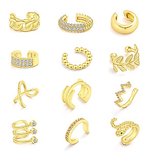 ALYXUY Gold Ear Cuff Non Piercing For Women, 14K Gold Plated Hypoallergenic Huggie Cross Ear Cuff Earrings（12pcs) (KC010-2)
