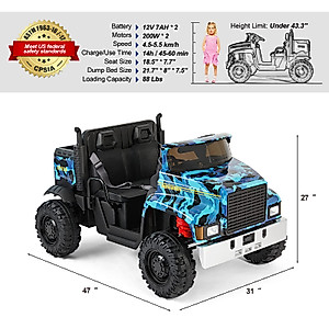 JOYLDIAS 2 Seater Ride On Car, 24V Battery-Powered Dump Truck, Ride On Toy with Dump Bed, Dual Motors, 4 Large Wheels, 2.4G Remote Control, 3 Speeds, Bluetooth, Camo Blue