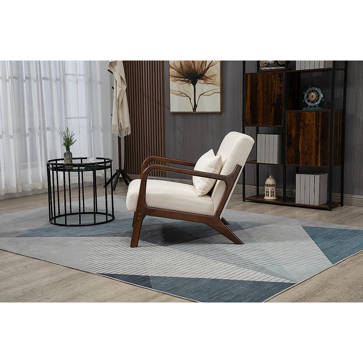 Prohon Mid Century Accent Solid Wood Frame & Waist Cushion, Comfy Upholstered Living Room Chairs, Lounge Reading Armchair for Bedroom Sunroom, Easy Assembly, White