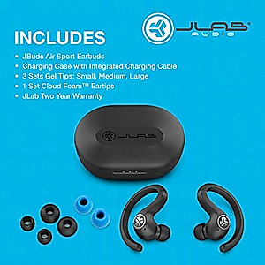 JLab JBuds Air Sport True Wireless Bluetooth Earbuds + Charging Case | Black | IP66 Sweat Resistance - Class 1 Bluetooth 5.0 Connection | 3 EQ Sound Settings JLab Signature, Balanced, Bass Boost