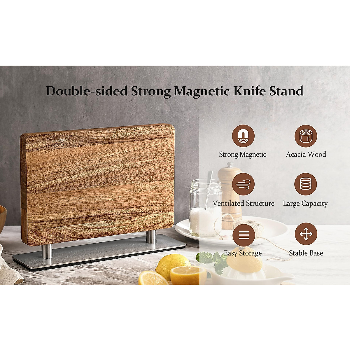 Strong Double Sided Magnetic Knife Block Without Knives, with Acacia Wood+430 Stainless Steel Base，Magnetic Universal Stands with Strong Enhanced Magnets Strip Kitchen Storage Cutlery Large Organizer