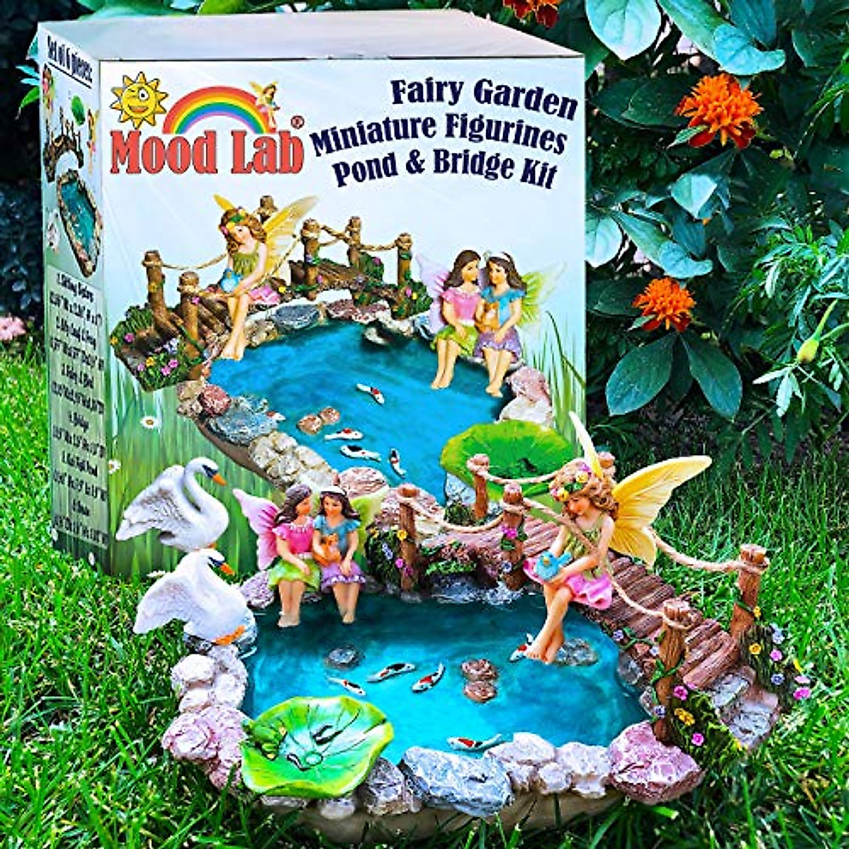 Mood Lab Fairy Garden Fish Pond Kit - Miniature Bridge Set of 6 pcs Fairy Garden Figurines & Accessories - Outdoor or House Decor