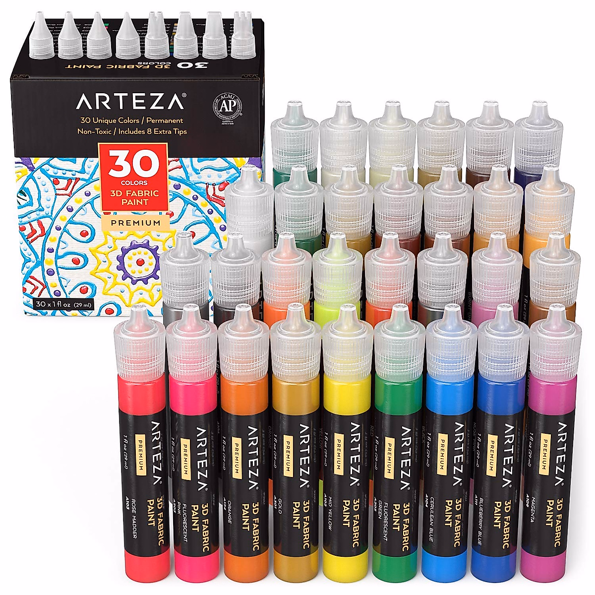 Arteza 3D Fabric Paint, Set of 30, Metallic & Glitter Colors, 1oz Tubes, Glow-in-The-Dark & Vibrant Shades, Textile Paint for Clothing, Accessories, Ceramic & Glass
