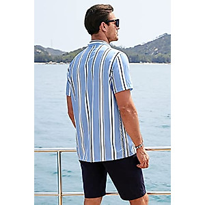 JMIERR Men's Hawaiian Striped Shirts Summer Casual Short Sleeve Button Down Beach Shirt with Pocket for Men, US 43(L), A2 Blue