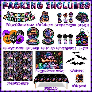 Glow Neon Party Supplies Tableware Set, 256 Pcs Let's Glow Halloween Party Decorations Include Neon Plates and Napkins Cups Glow Tablecloth Halloween Banner for Neon Baby Shower Party Decorations