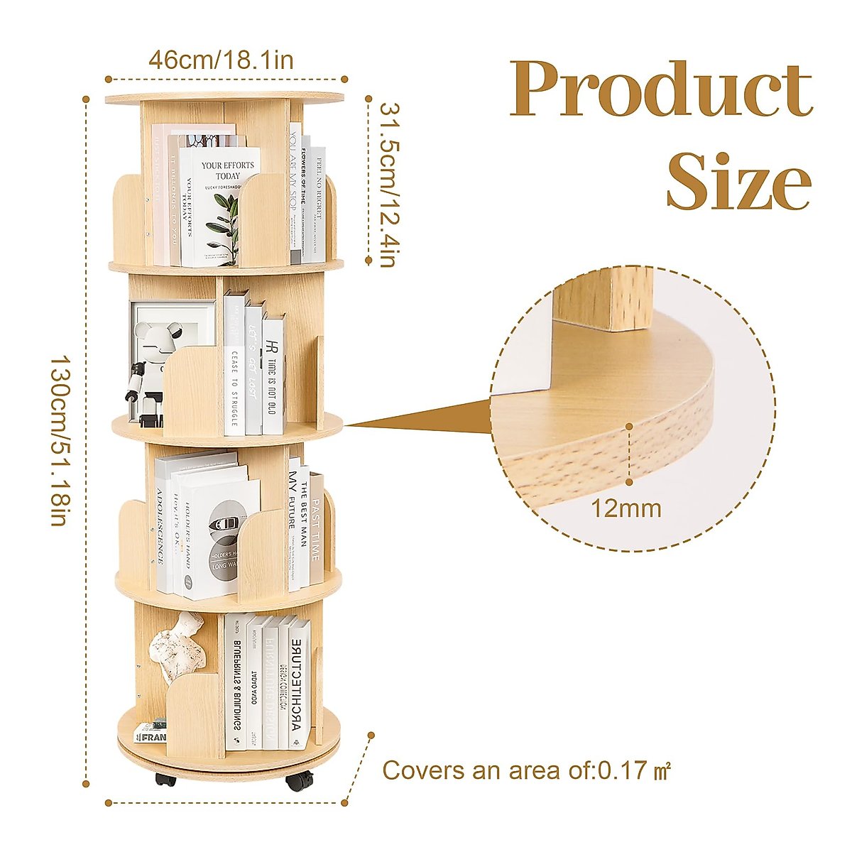 tonchean 4 Tier Rotating Bookshelf Tower,Wood Revolving Bookcase with Wheels Vertical Kids Toddler Bookshelf with Storage,Corner Display Bookshelf Rack for Library Study Office Living Room