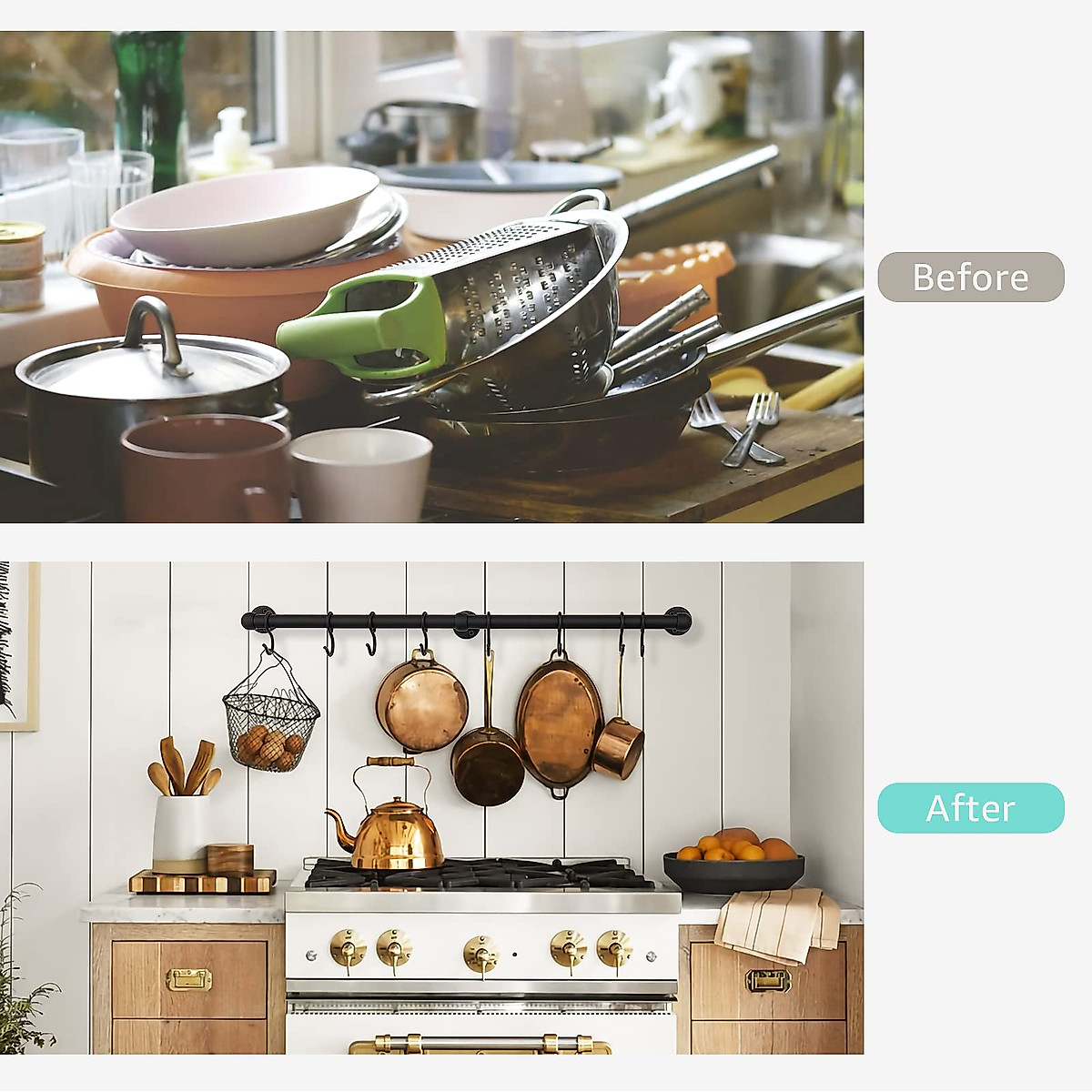 ROTHLEY Hanging Pot Rack Hanger: 23.7 Inch Stainless Steel Pot and Pan Hanger Pot Rack Wall Mounted Hanging Pots and Pans Rack Pot Hangers for Kitchen Wall Kitchen Rail with Hooks（Matt Black）