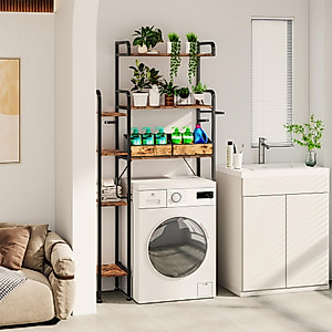 Homsorout Bathroom Organizers and Storage Cabinet - Over The Toilet Storage Cabinet with Adjustable Shelf 2 Baskets, Bathroom Shelf with Hooks Bathroom Storage Rack, Brown