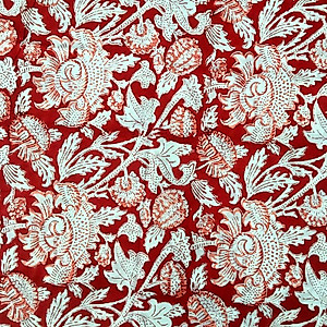 E-Tailor® Cotton Hand Block Printed Fabric, Cotton Voile Fabric for Sewing,Crafting, Dressmaking, Running Natural Dye Sanganeri Indian Floral Print Fabric by The Yard Width 44 Inches-1 Yard-Floral-Red